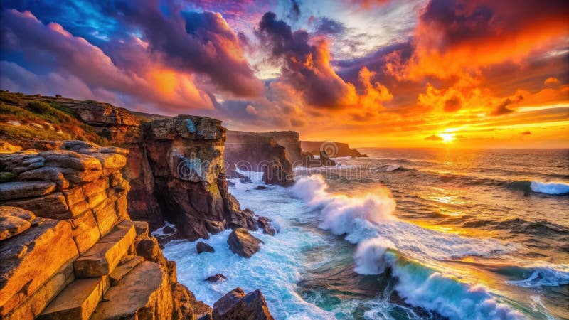 Dramatic Coastal Cliffs at Sunset with Crashing Waves. Generative AI ...