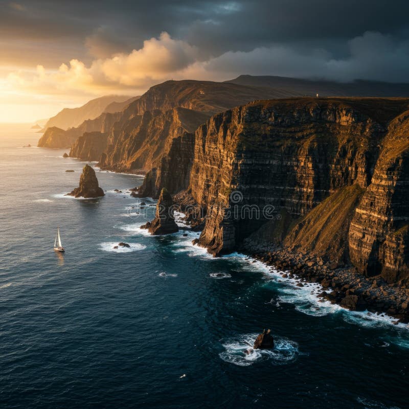 Dramatic Coastal Cliffs at Sunset with Sailboat Stock Illustration ...