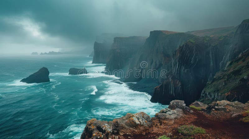 Dramatic Coastal Cliffs Under a Cloudy Sky Stock Illustration ...
