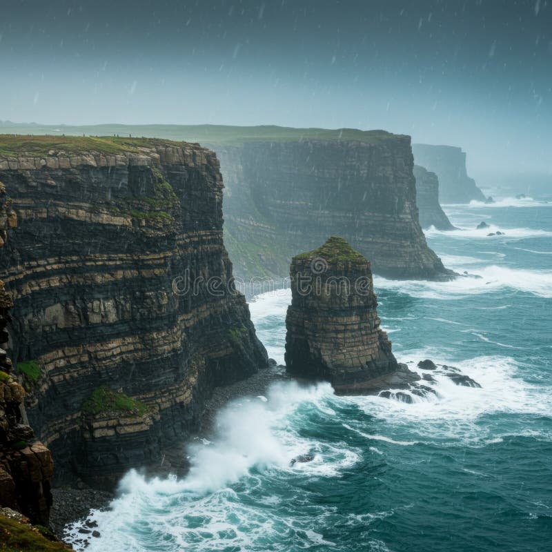 Dramatic Coastal Cliffs Under a Stormy Sky Stock Illustration ...