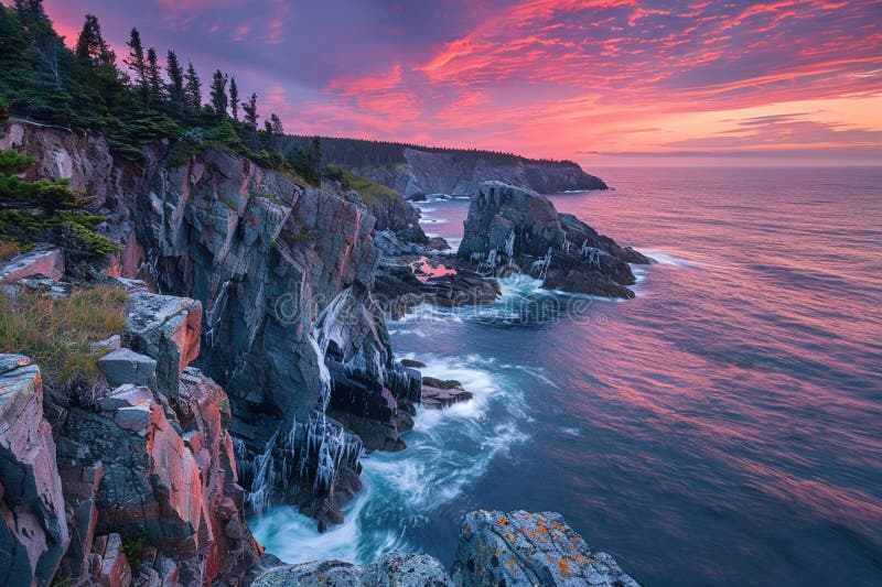 Dramatic Coastal Cliffscape Rugged Rocks, Evergreen Trees, Pink Sky and ...