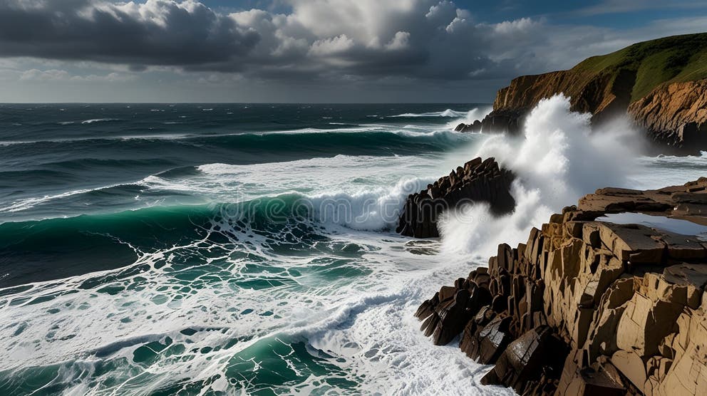 A Dramatic Coastal Cliffside with Waves Crashing Against the Rocks ...
