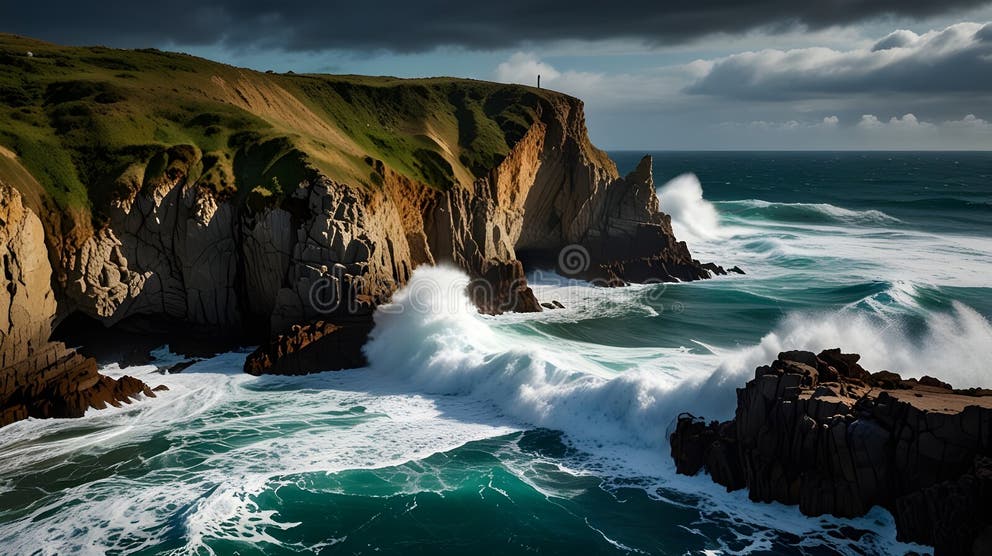 A Dramatic Coastal Cliffside with Waves Crashing Against the Rocks ...