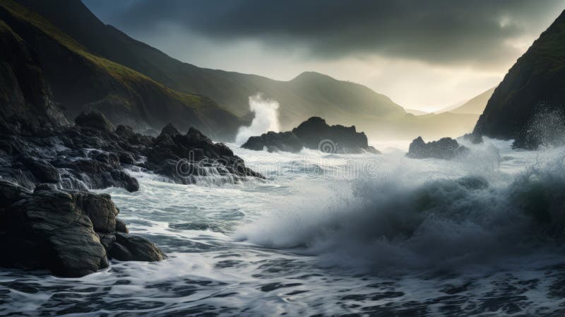 A Dramatic Coastal Landscape with Crashing Waves Stock Illustration ...