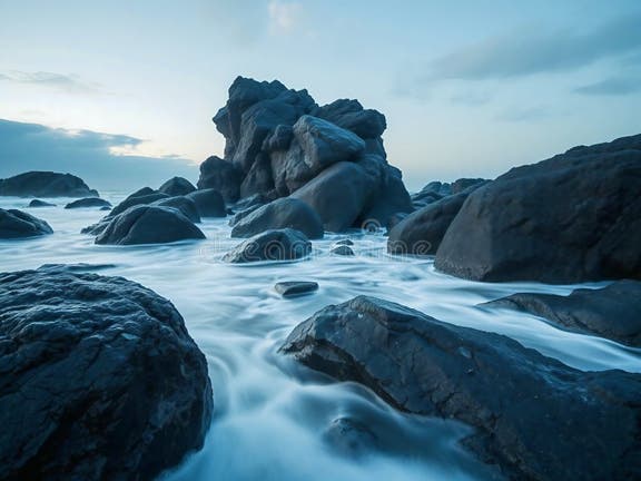 Dramatic Coastal Landscape Featuring Large Dark Rocks Surrounded by ...