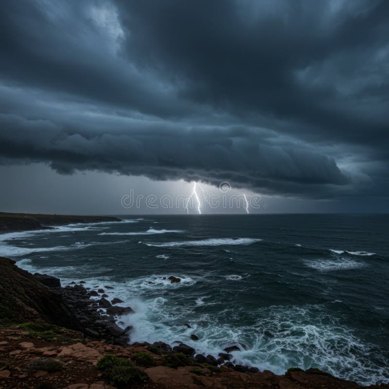 Dramatic Coastal Lightning Storm at Night Stock Illustration ...