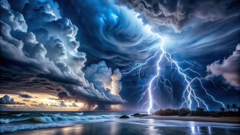 Dramatic Coastal Lightning Storm with Rolling Waves and Dark Clouds ...