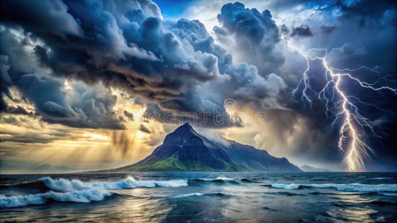 Dramatic Coastal Mountain Scene with Intense Lightning Storm ...