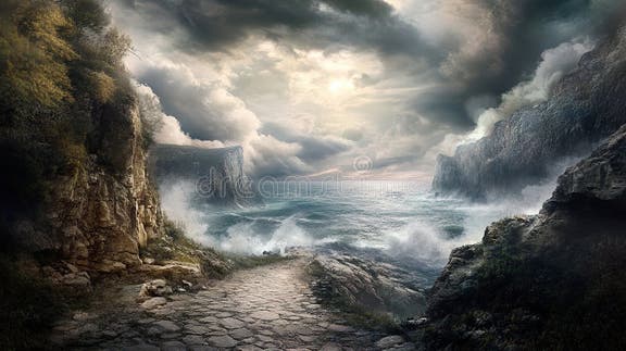 Dramatic Coastal Path with Stormy Sea and Cliffs Stock Photo - Image of ...