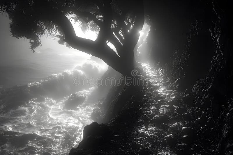 Dramatic Coastal Path with Tree and Ocean Waves in Black and White ...