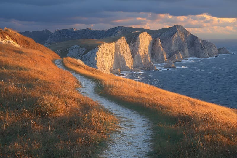 Dramatic Coastal Pathway at Sunset Along Majestic Cliffs Generative AI ...