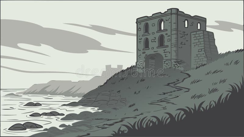 Dramatic Coastal Ruins Under a Dark, Foreboding Sky, Vector Design ...