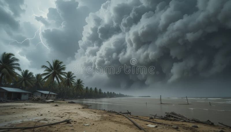 Dramatic Coastal Scene with Approaching Storm and Lightning Strike ...