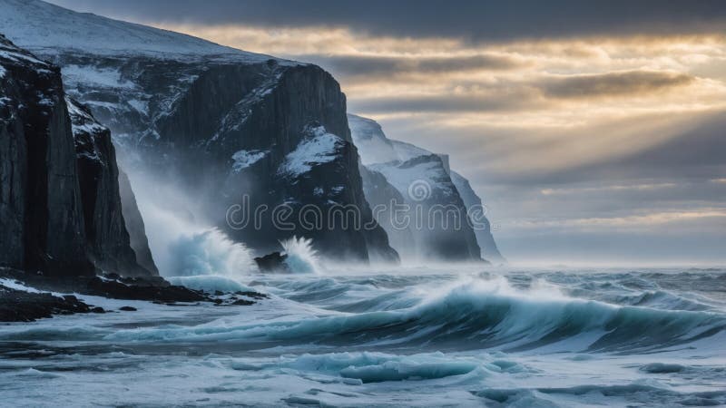 Dramatic Winter Seascape: Powerful Waves Crashing Against Snow-Covered ...