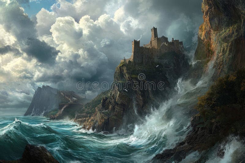 A Dramatic Coastal Scene Featuring a Castle on a Cliff. Waves Crash ...