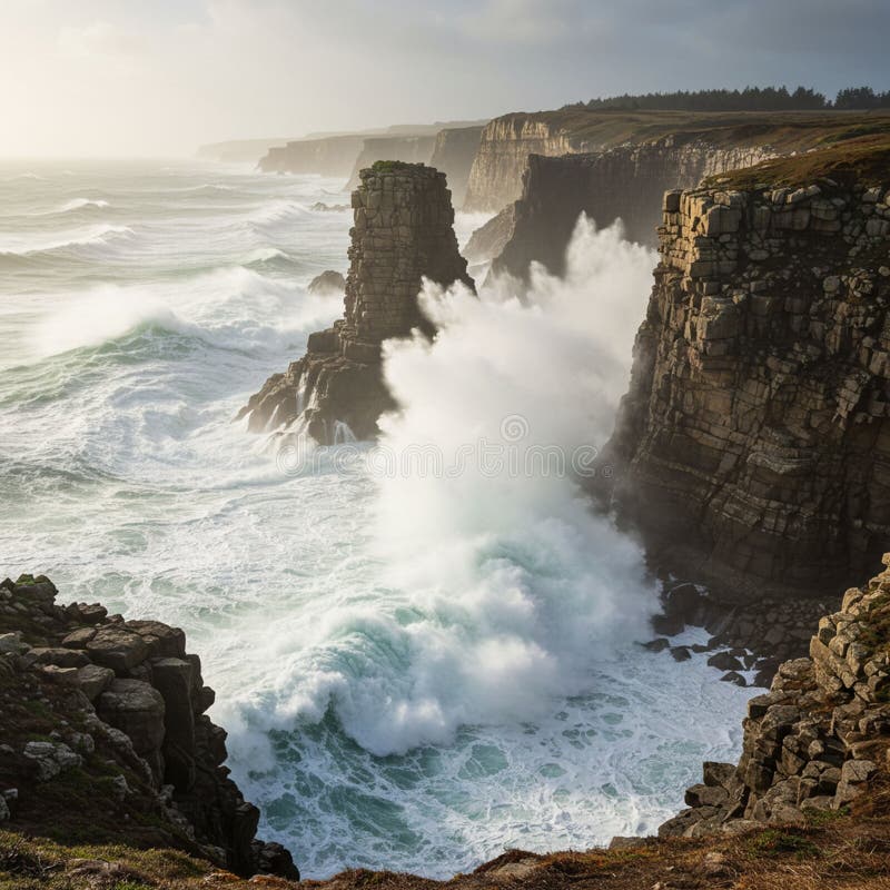 Dramatic Coastal Scene Featuring Rugged Cliffs and Crashing Waves in ...