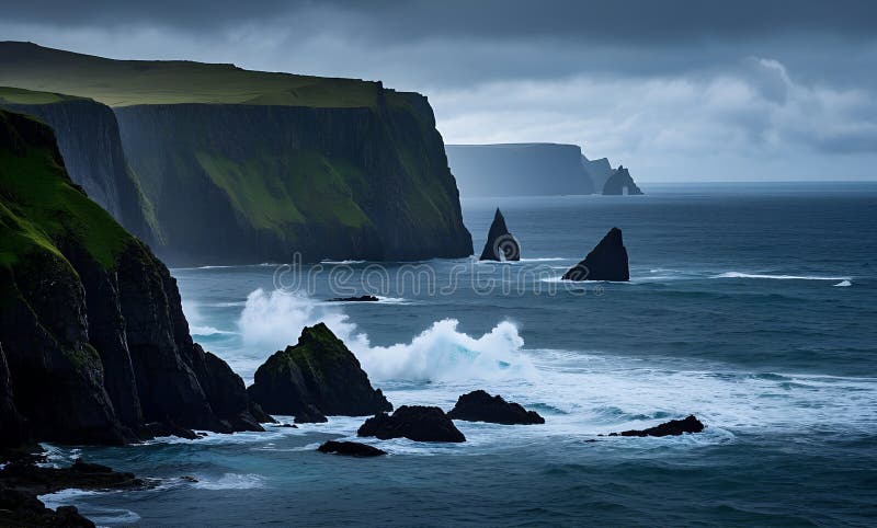 A Dramatic Coastal Scene Featuring Rugged Cliffs and Crashing Waves ...