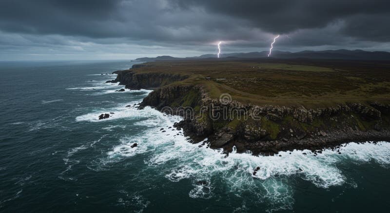 Dramatic Coastal Scene Featuring a Rugged Cliffside in a Stormy Setting ...
