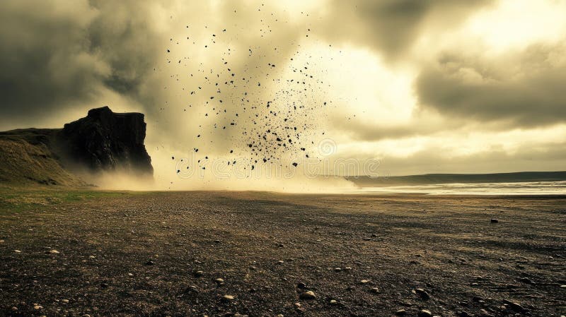 Dramatic Coastal Scene with Floating Stones Stock Illustration ...