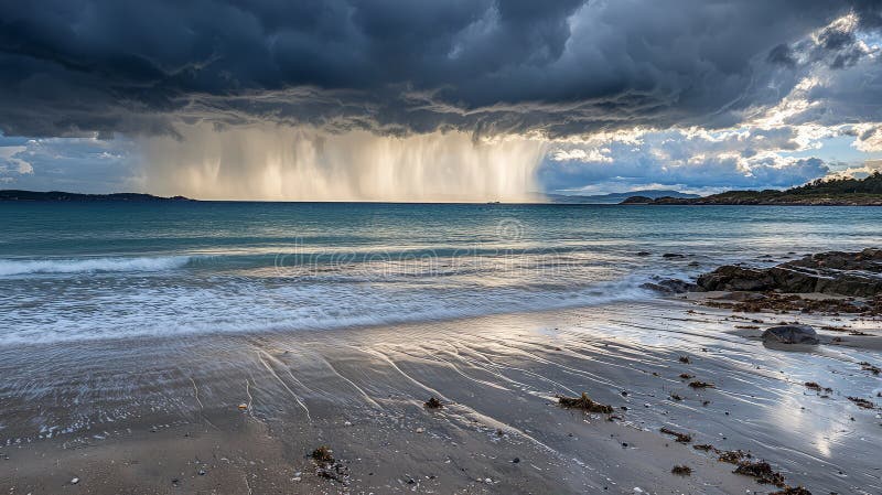Dramatic Coastal Scene with Heavy Rain Over the Ocean and Sandy Beach ...
