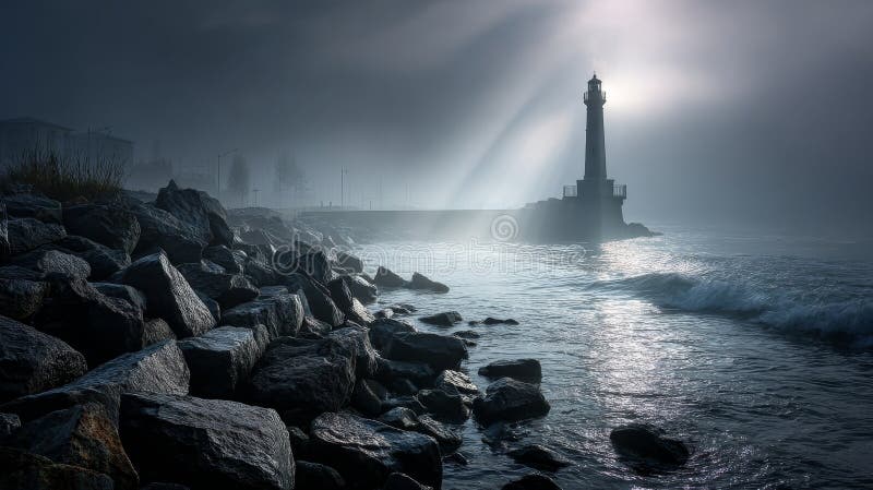 Dramatic Coastal Scene with Lighthouse in Morning Fog. Stock Photo ...