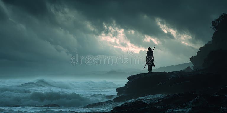 Dramatic Coastal Scene Lone Figure Facing Tempestuous Ocean Stock ...