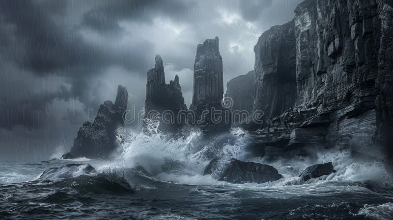 Dramatic Coastal Scene Massive Waves Crash Against Towering Rocks ...