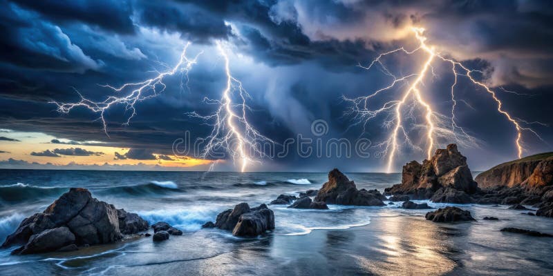 Dramatic Coastal Scene with Multiple Lightning Strikes at Sunset ...