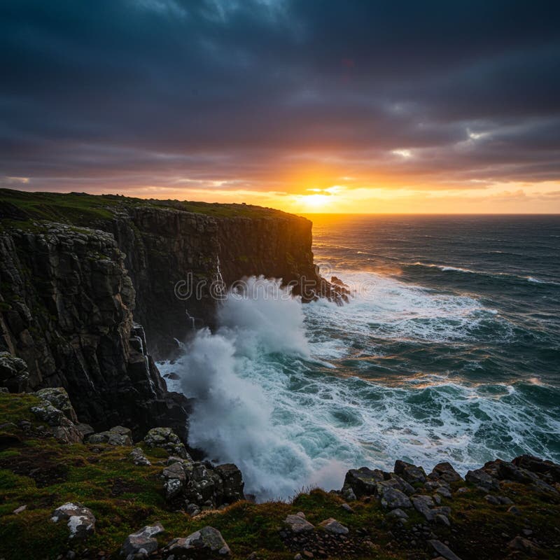 Dramatic Coastal Scene with Rugged Cliffs Facing a Turbulent Ocean ...