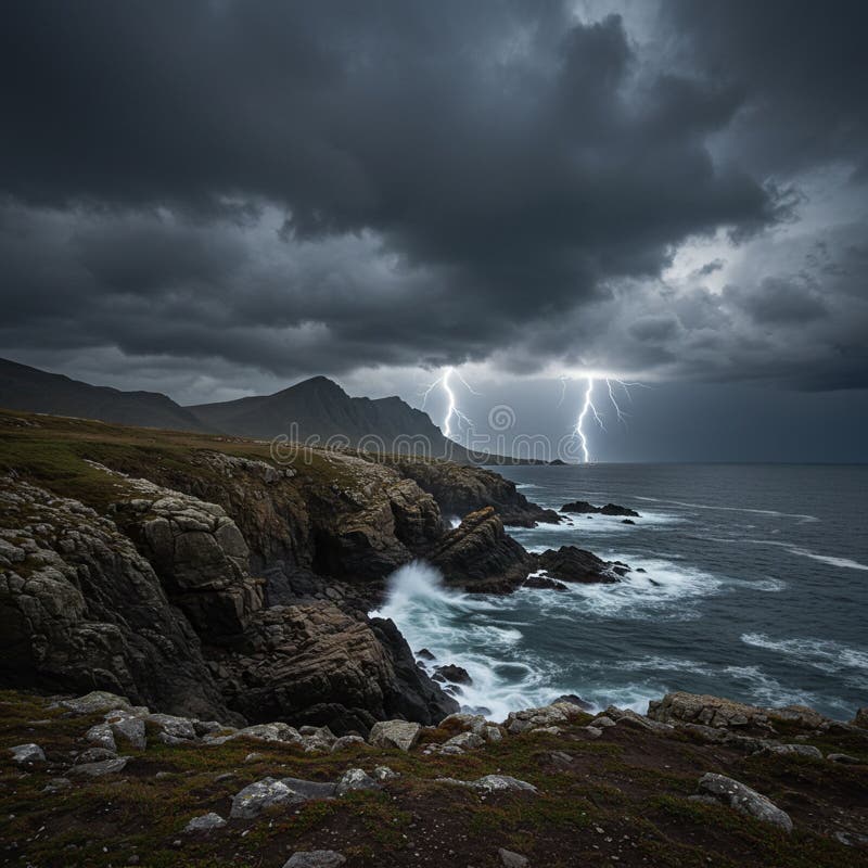 Dramatic Coastal Scene with Rugged Cliffs and Turbulent Waves. Dark ...