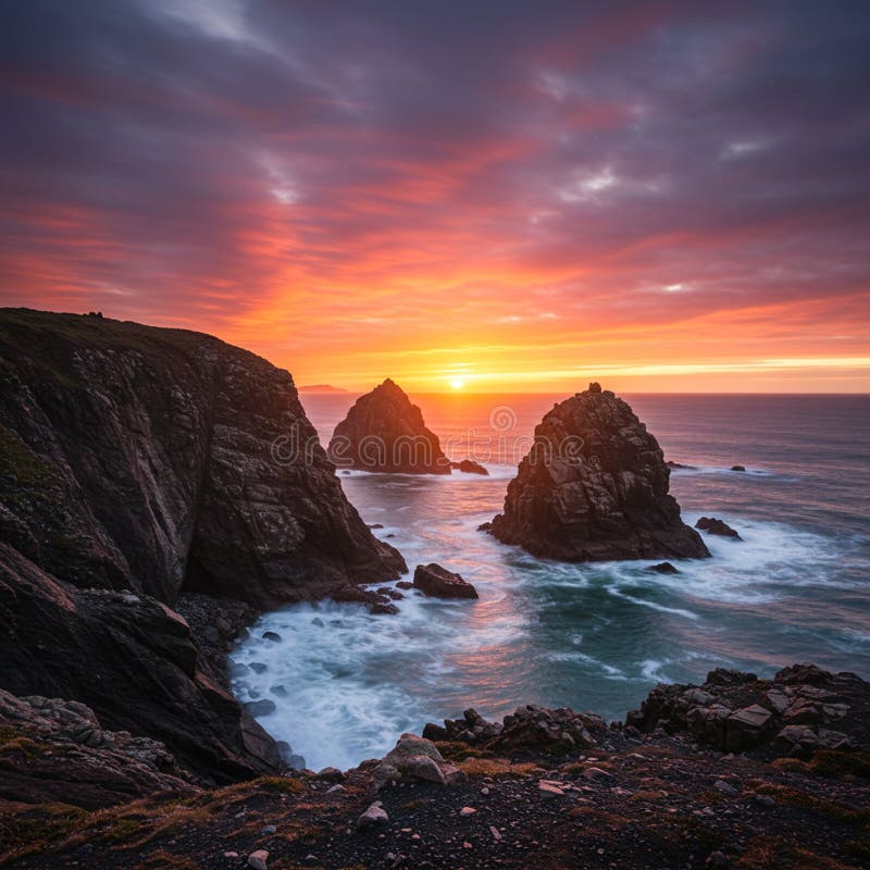Dramatic Coastal Scene at Sunset Featuring Rugged Cliffs and Prominent ...