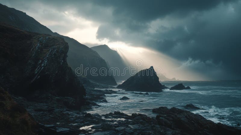 A Dramatic Coastal Scene Unfolds with Rugged Cliffs and Turbulent Sea ...