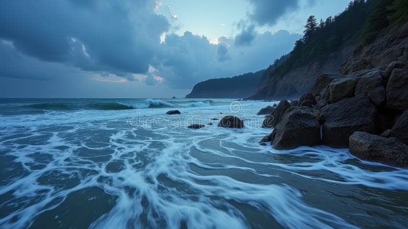 Dramatic Coastal Scene with Waves, Rocks, and Cloudy Sky at Dusk Stock ...