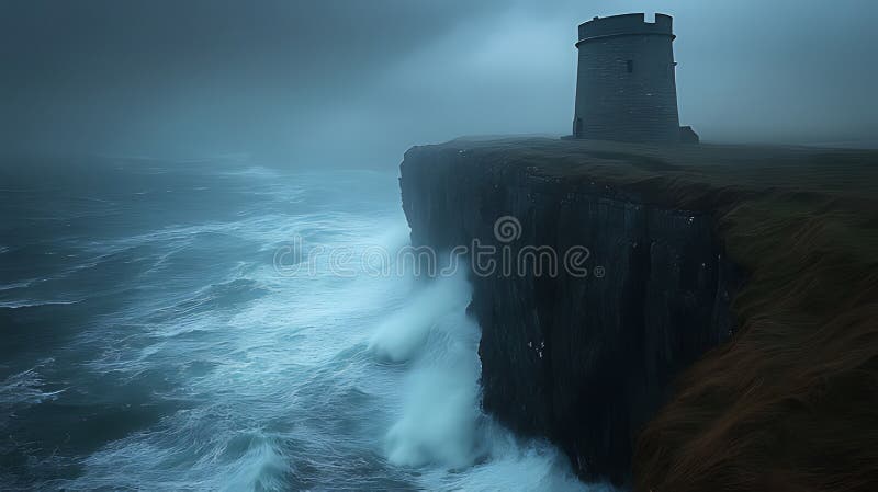 Dramatic Coastal Scene of a Weathered Tower on a Cliff during a Stormy ...