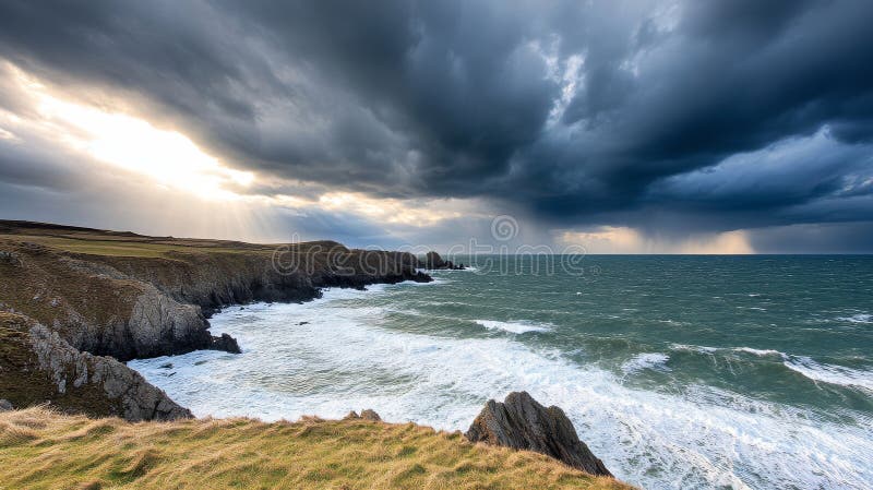 Dramatic Coastal Scenery Featuring Stormy Clouds, Breaking Sunlight ...