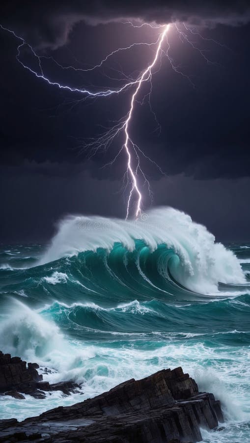 Dramatic Coastal Storm with Lightning Strikes and Violent Waves Against ...