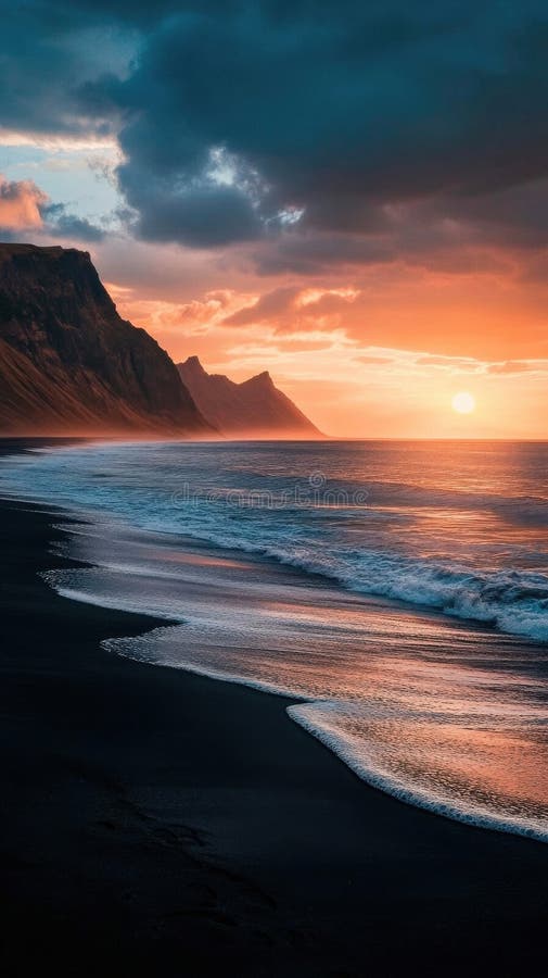 Dramatic Coastal Sunset with Majestic Cliffs and Rolling Waves Stock ...