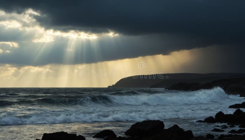 Dramatic Coastal Sunset with Rays Stock Photo - Image of moody, water ...