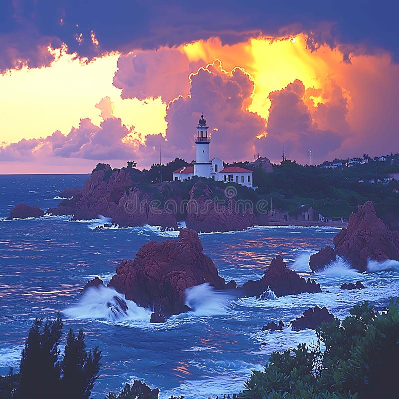 Dramatic Coastal Sunset Scene Featuring a Lighthouse Perched Atop ...