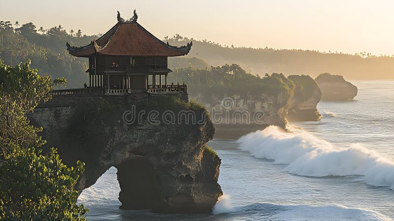 Dramatic Coastal Temple at Sunrise in Bali Stock Illustration ...
