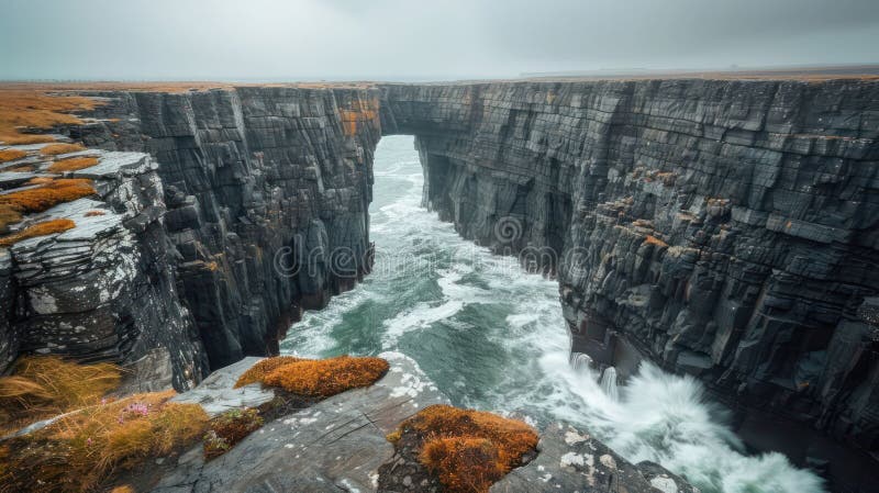 Dramatic Ocean Cliff Arch with Crashing Waves Stock Illustration ...