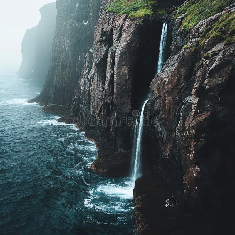 Dramatic Coastal Waterfall Cascading into Ocean Stock Photo - Image of ...