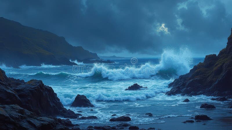 Dramatic Coastal Waves Crashing Against Rocky Shores at Dusk Stock ...