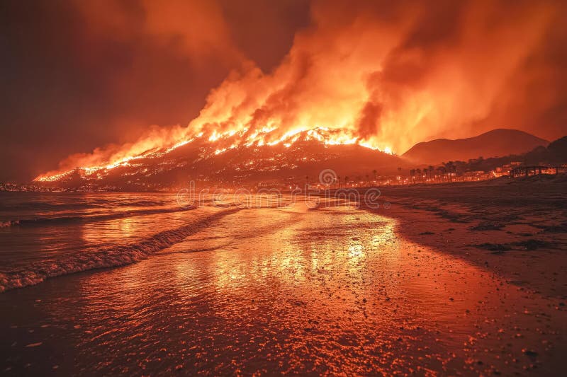 Dramatic Coastal Wildfire Scene at Sunset Reflecting on Beach Waters ...