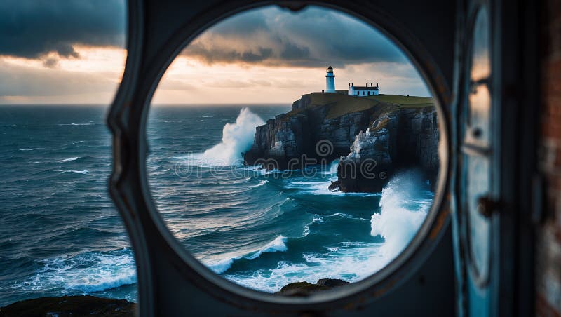 Dramatic Lighthouse Seascape Viewed through a Porthole Stock ...