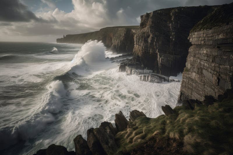 Dramatic Coastline with Towering Cliffs and Crashing Waves Stock ...