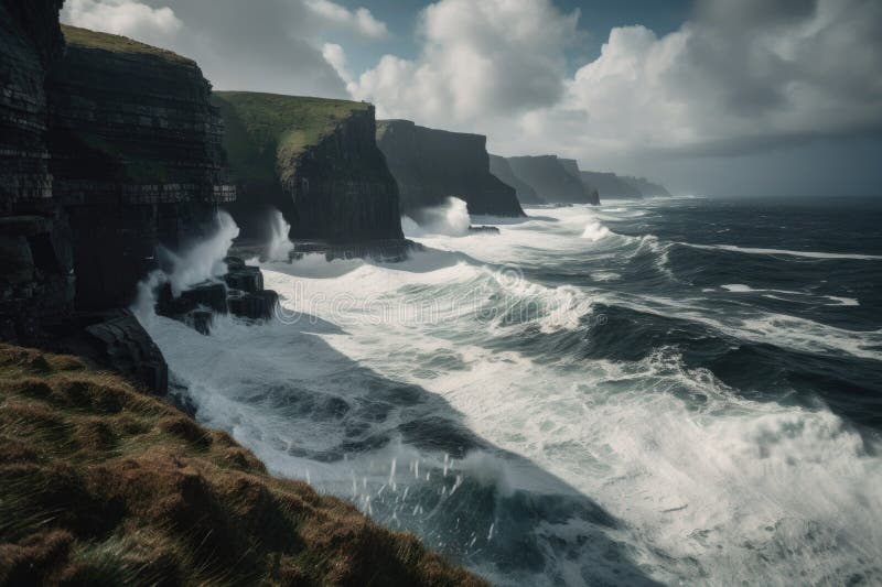 Dramatic Coastline with Towering Cliffs and Crashing Waves Stock ...