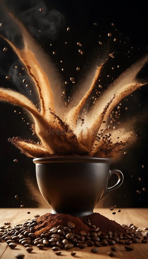 Dramatic Coffee Cup Explosion with Scattered Beans and Powder Splash ...