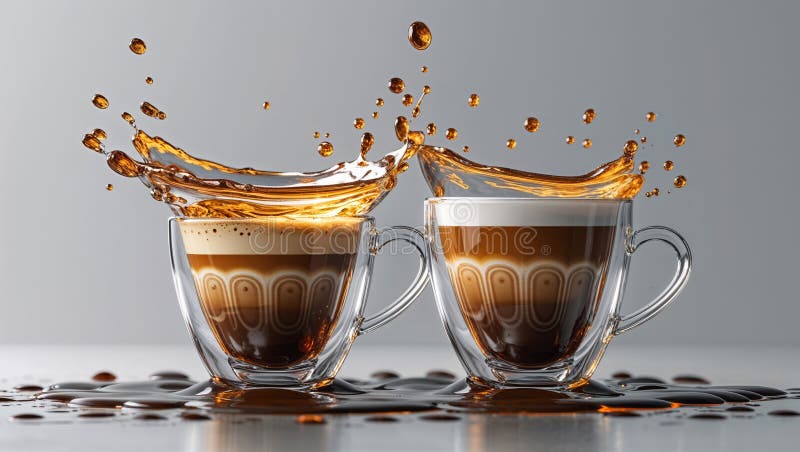 Dramatic Coffee Splash with Espresso and Latte in Glass Cups Stock ...