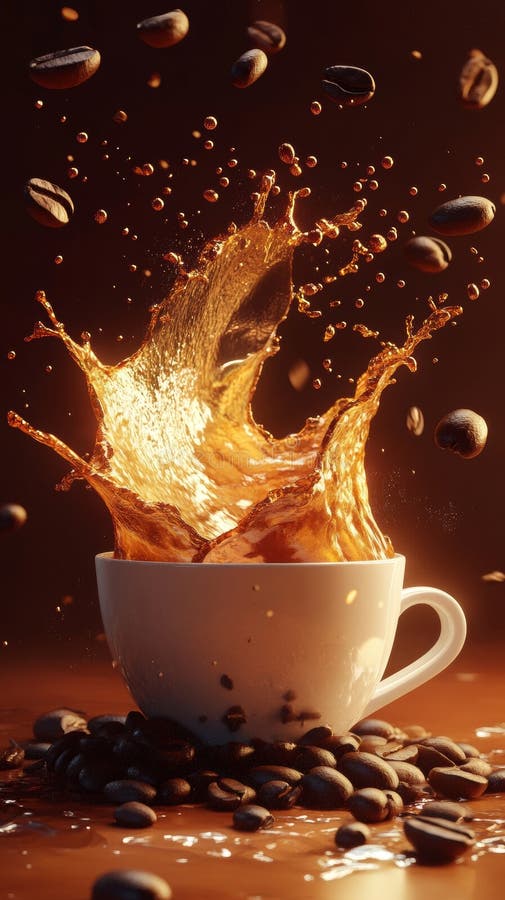 Dramatic Coffee Splash with Floating Beans and Vibrant Lighting Stock ...